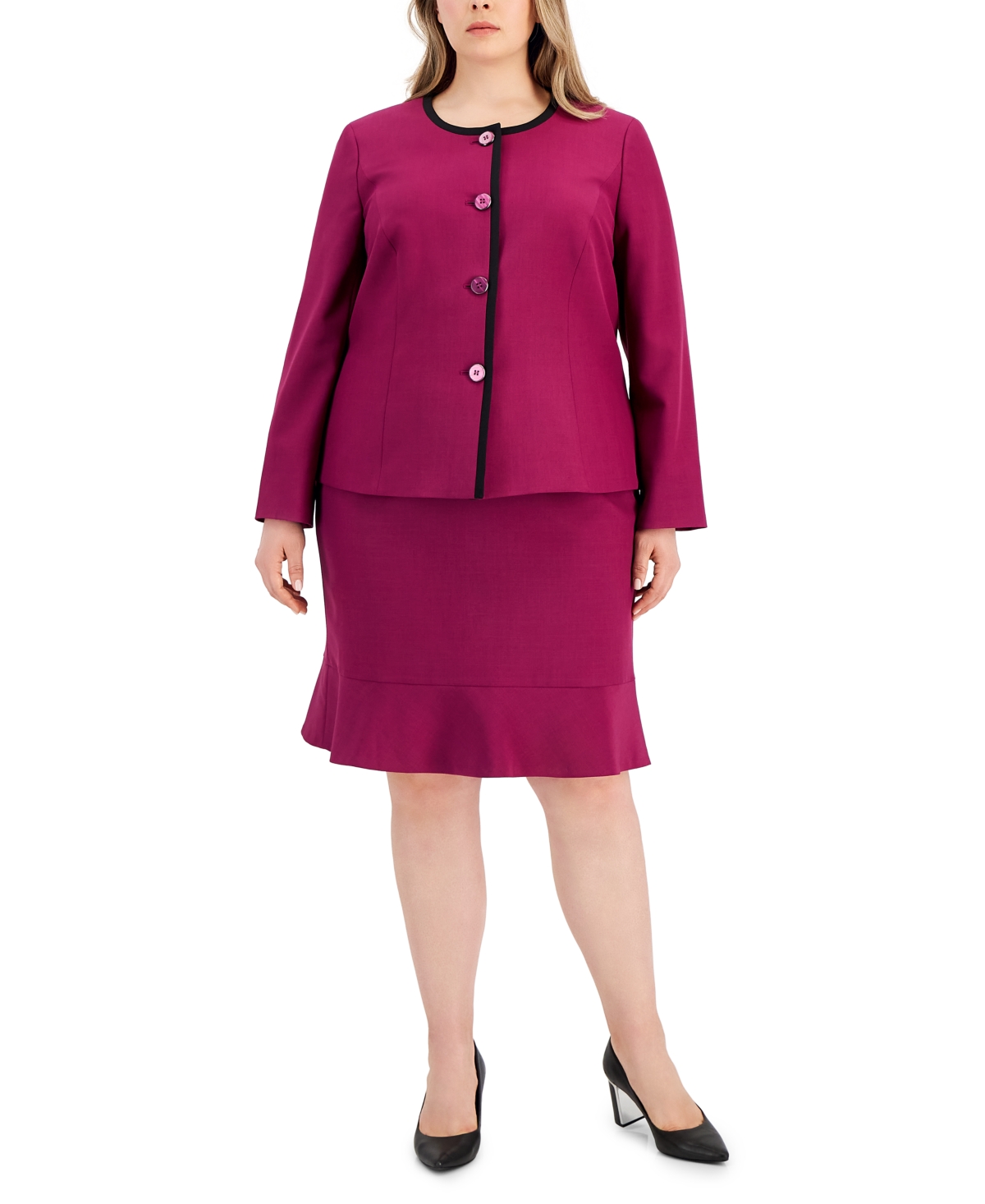 Click here for Le Suit Plus Size Framed Collarless Jacket & Floun... prices