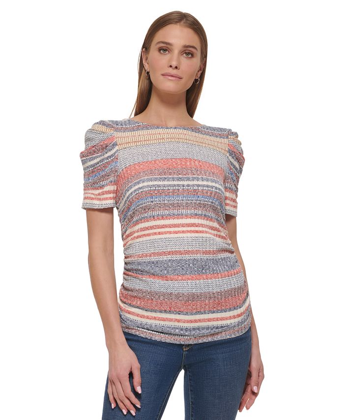 DKNY Women's Striped Puffed-Sleeve Pullover Top - Macy's