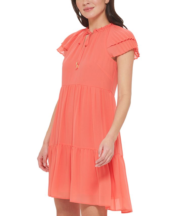 Vince Camuto Petite Pleated-Tiered-Flutter-Sleeve Dress - Macy's