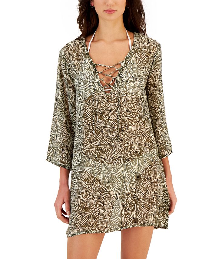 J Valdi Women's Printed Lace-Up-Neck Tunic Cover-Up - Macy's
