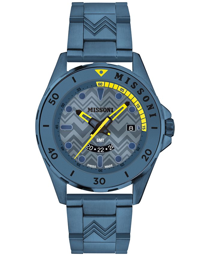 Missoni Men's Swiss GMT Blue Ion Plated Bracelet Watch 43mm - Macy's