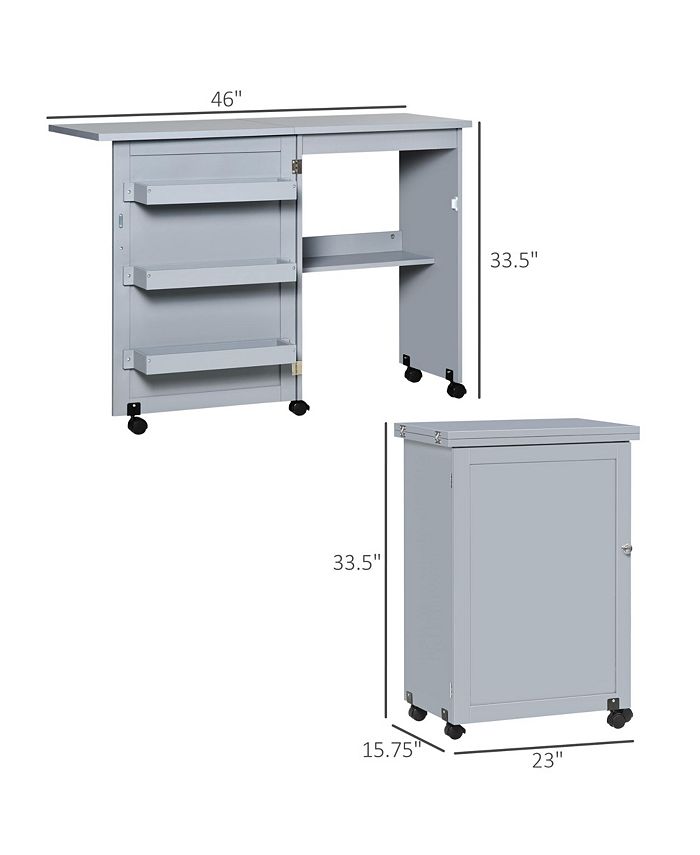 HOMCOM 46" Drop Leaf Mobile Sewing Table w/ 3-Tier Storage Bins & Shelf ...