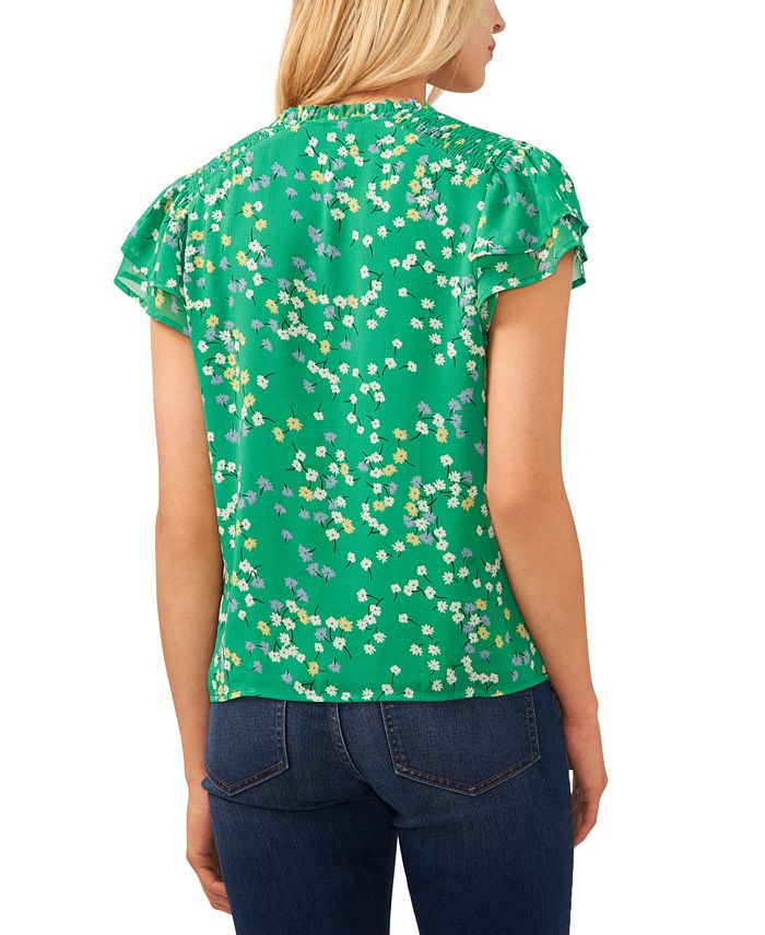 CeCe Women's Split-Neck Flutter-Sleeve Printed Blouse - Macy's
