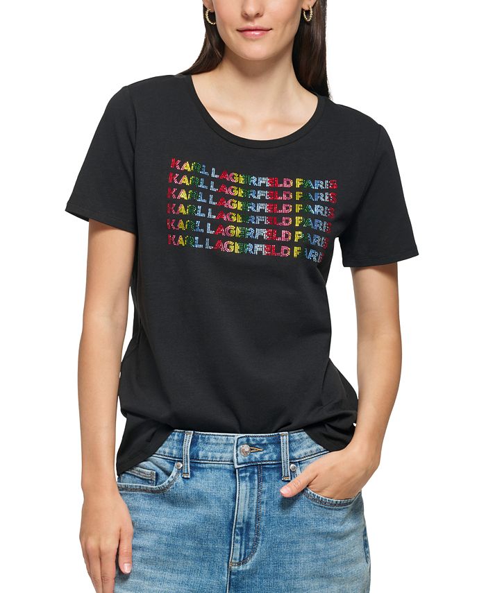 KARL LAGERFELD PARIS Women's Rainbow-Logo Embellished T-Shirt - Macy's