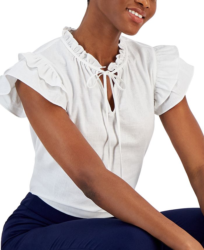 Anne Klein Women's Linen Ruffle-Sleeve Tie-Neck Blouse - Macy's