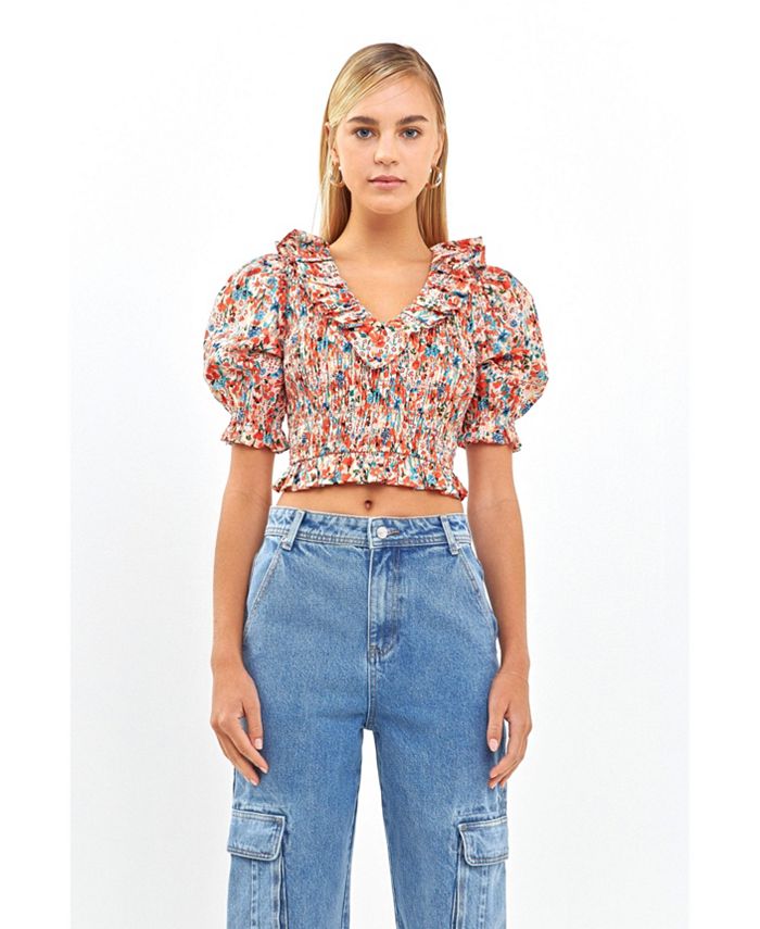 English Factory Women's V Ruffled Neck Smocked Top - Macy's