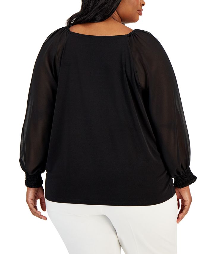 Calvin Klein Plus Size Smocked Cuff Cut-Out Blouse - Macy's