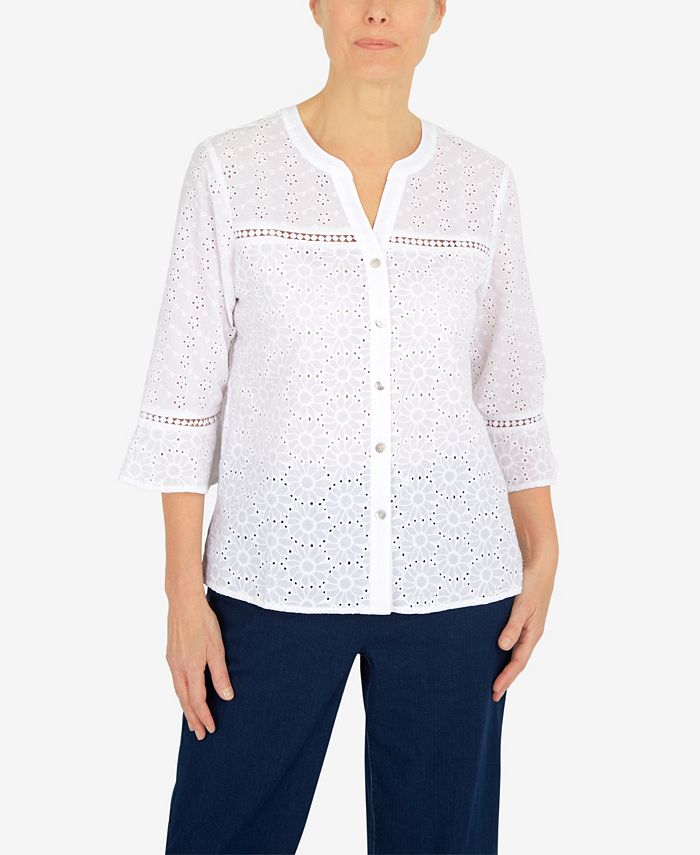 Alfred Dunner Petite Eyelet Button Front Top - Macy's