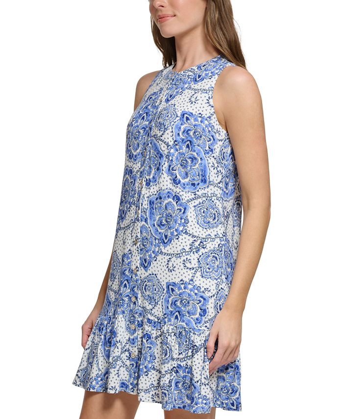 Tommy Hilfiger Petite Printed Button-Front Ruffled-Hem Dress - Macy's