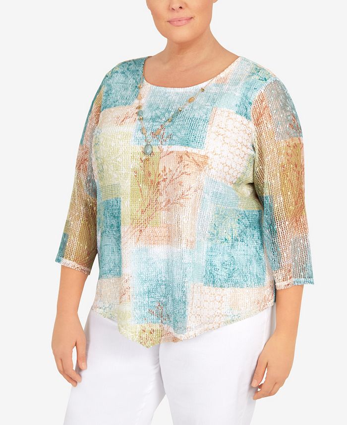 Alfred Dunner Plus Size Coconut Grove Patchwork Popcorn Mesh 3/4 Sleeve ...