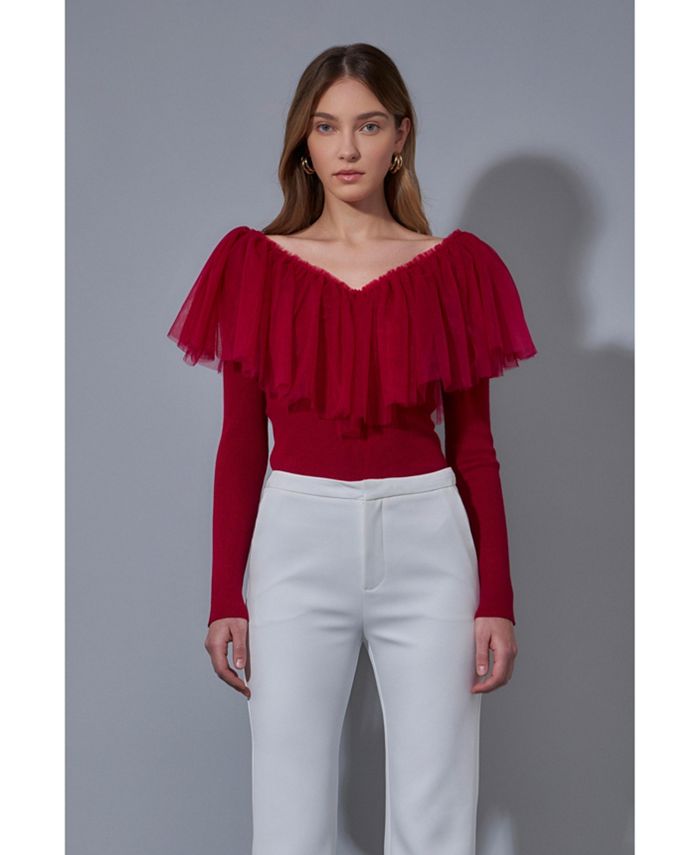 endless rose Women's Mixed Media Mesh Pleated Ruffle Top - Macy's