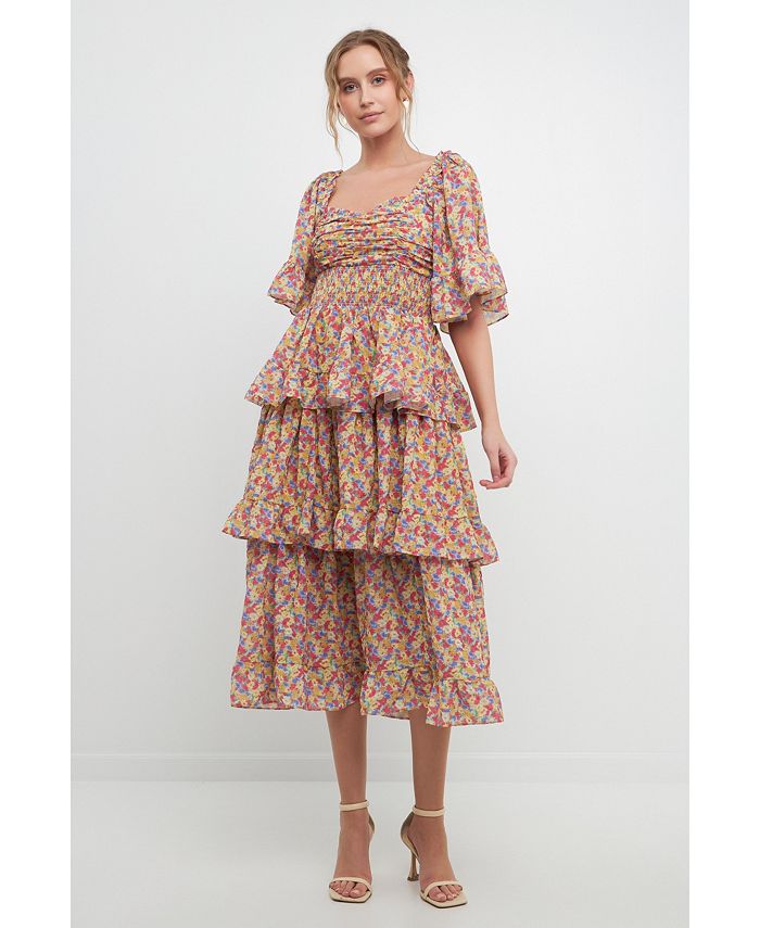 Free the Roses Women's Floral Smocked Ruffle Tiered Midi Dress - Macy's