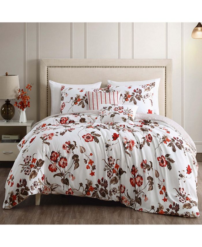 Bebejan Red Floral Vine Bedding 100% Cotton 5-Piece Queen Size ...