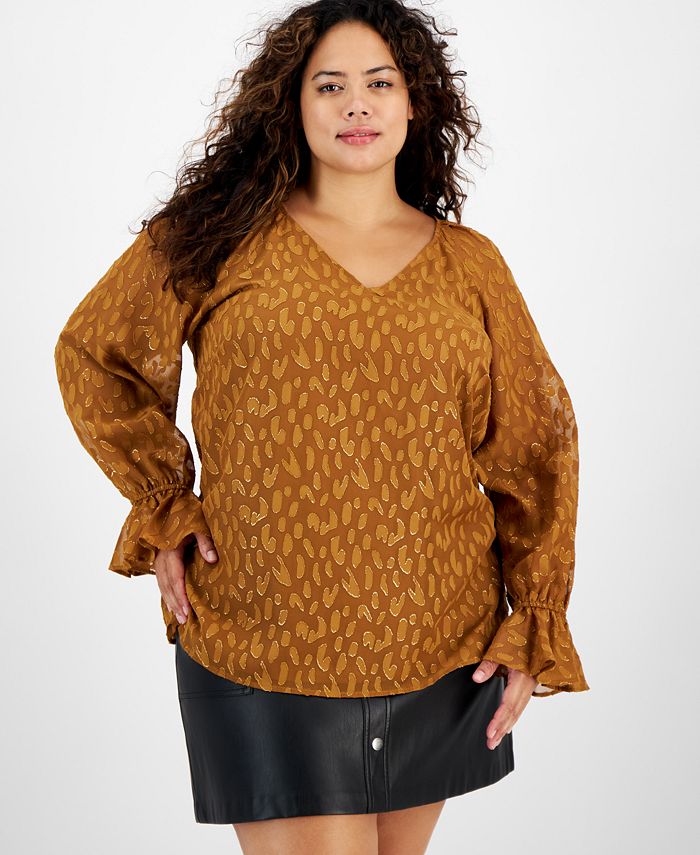Bar III Plus Size Puff-Sleeve V-Neck Blouse, Created for Macy's - Macy's