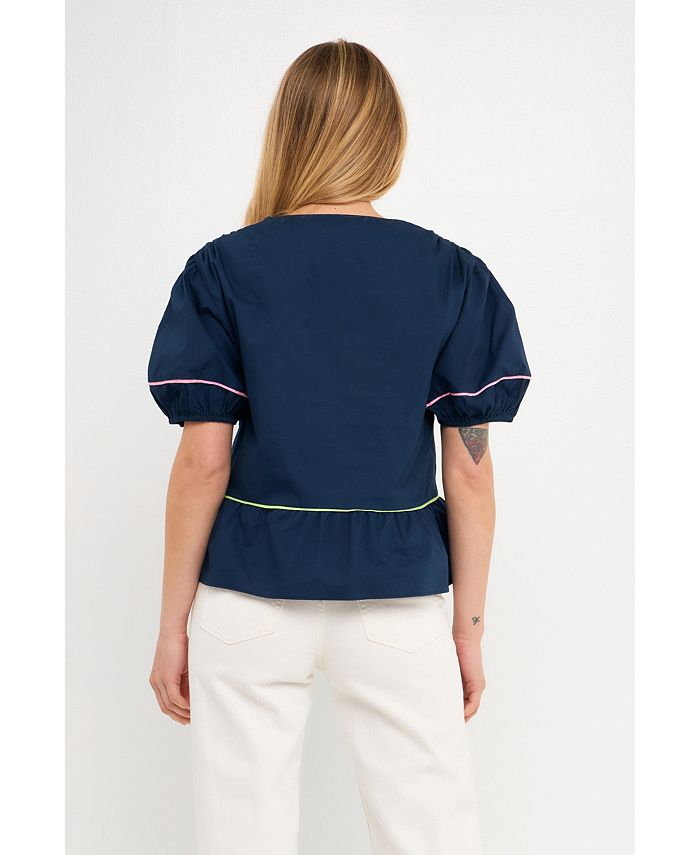 English Factory Women's Piping Detail Top with Short Puff Sleeves - Macy's