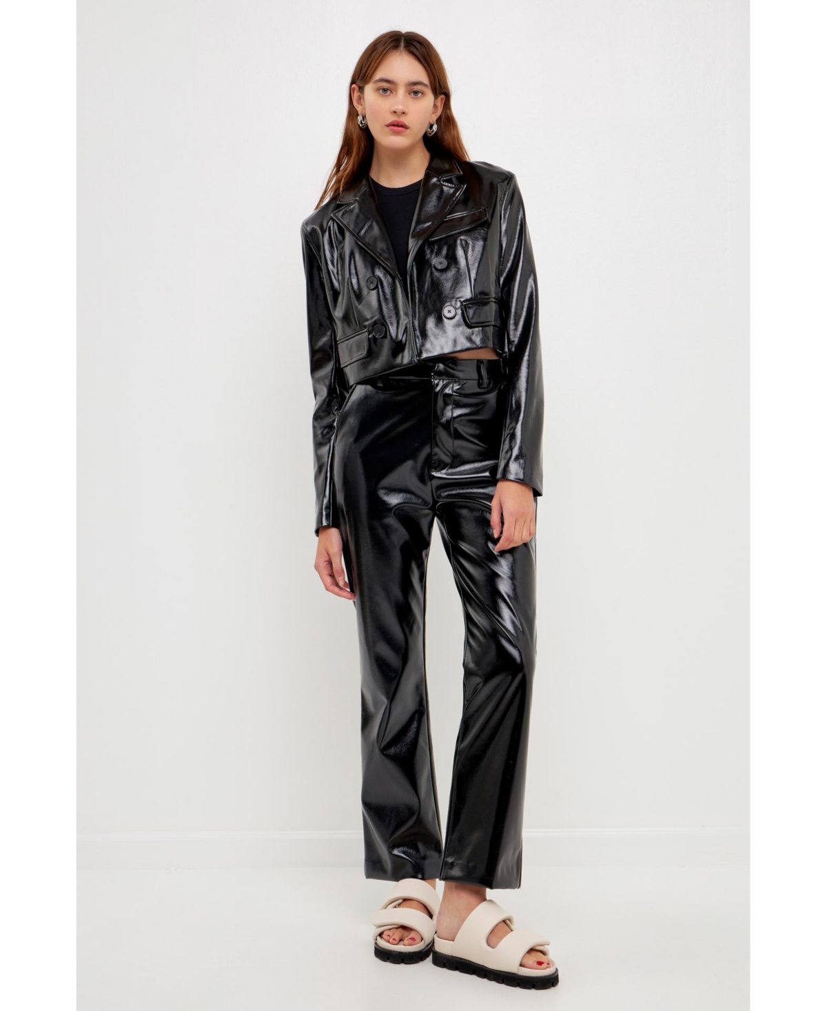 Click here for Grey Lab Womens Shiny Faux Leather Cropped Jacket... prices