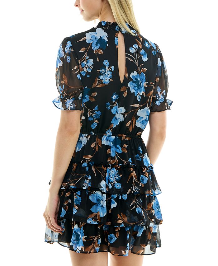 Crystal Doll Juniors' Mock Neck Ruffled Puff-Sleeve Dress - Macy's