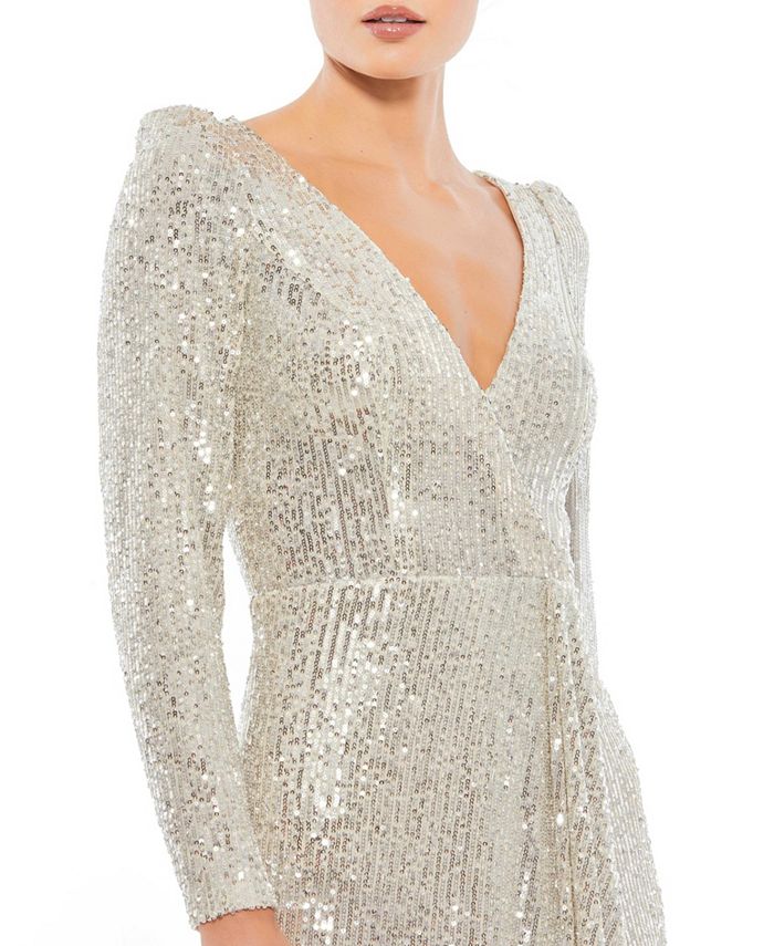 Mac Duggal Women's Ieena Sequined Faux Wrap Long Sleeve Gown - Macy's