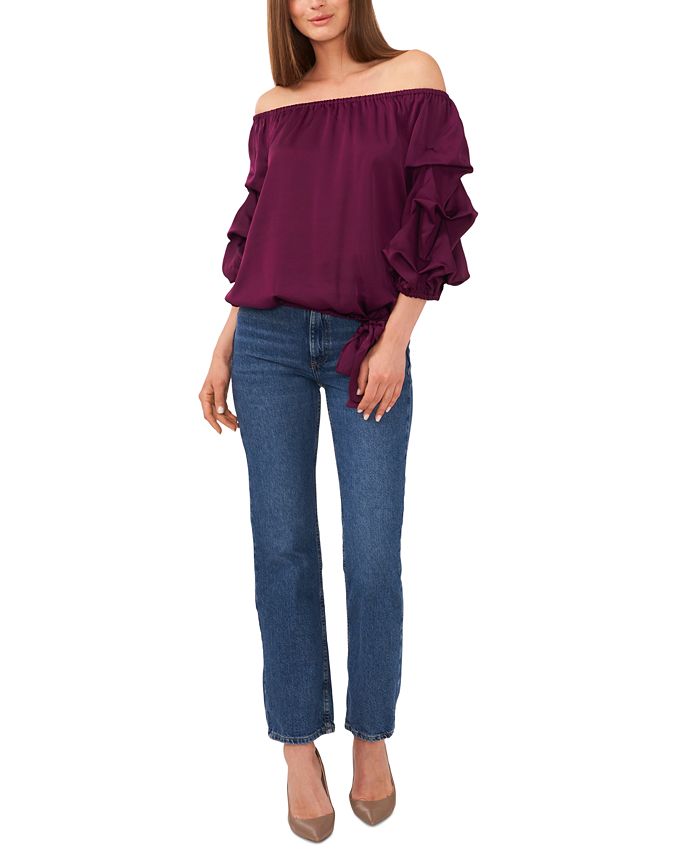Vince Camuto Women's Off the Shoulder Bubble-Sleeve Tie-Front Top - Macy's