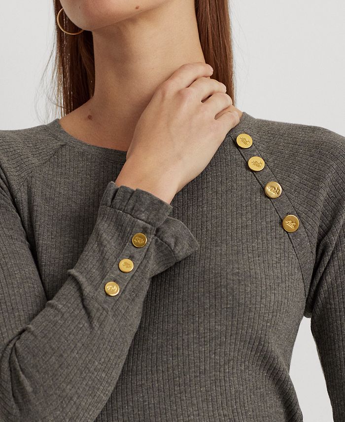 Lauren Ralph Lauren Women's Button-Trim Rib-Knit Cotton-Blend Top - Macy's