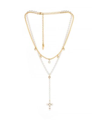 ETTIKA Imitation Pearl Cross Drop Lariat 18K Gold Plated Necklace Set ...