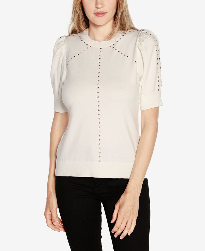 Belldini Women's Short Puff-Sleeve Embellished Sweater - Macy's