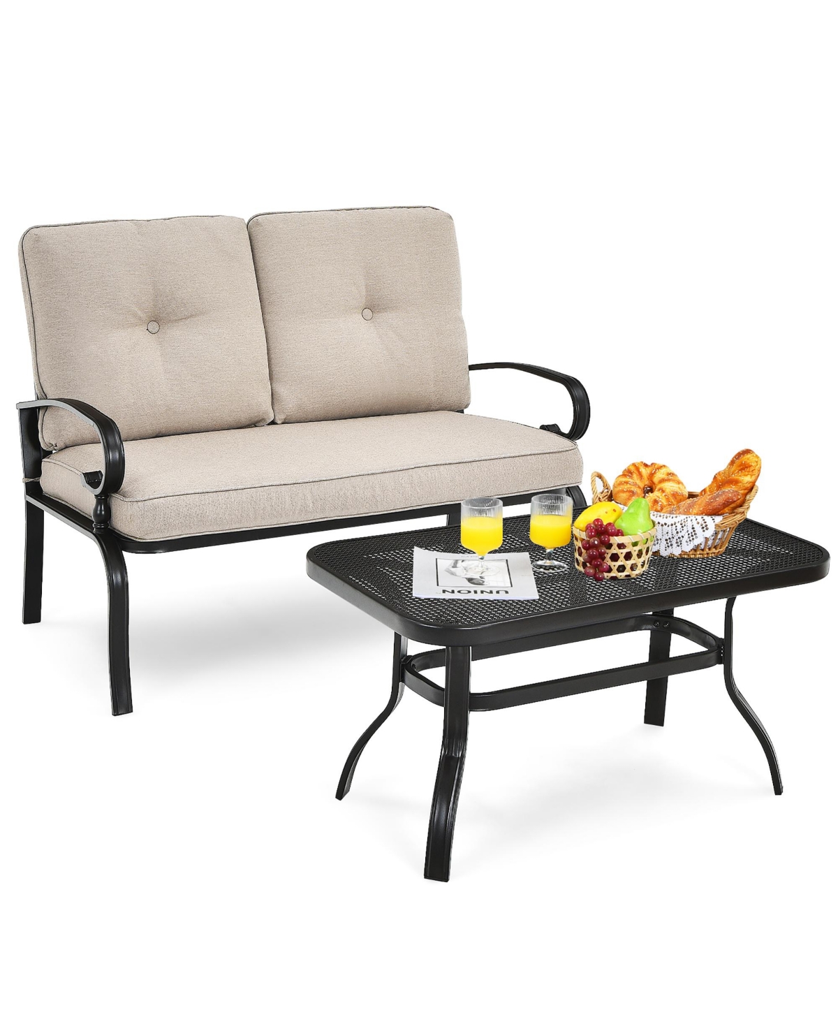 Click here for 2PCS Patio Loveseat Bench Table Furniture Set Cush... prices