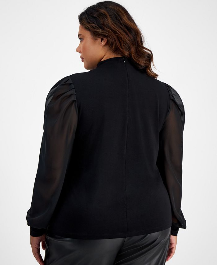 Bar III Plus Size Mock Neck Studded Puff-Sleeve Blouse, Created for ...