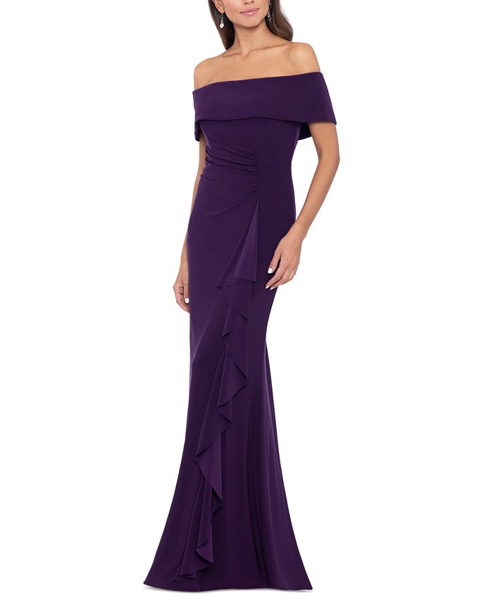 XSCAPE Women's Off-The-Shoulder Side-Ruched Ruffled Gown - Macy's