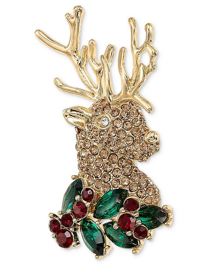 Holiday Lane Gold-Tone Multicolor Mixed Stone Reindeer Pin, Created for ...