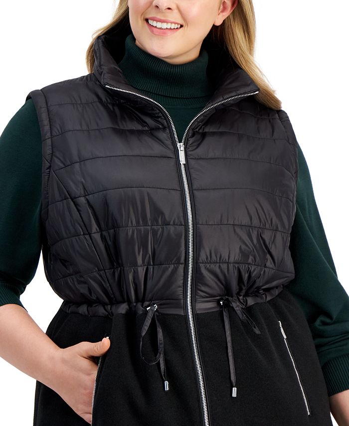 Calvin Klein Plus Size Mixed Media Zip-Front Drawstring Vest - Macy's