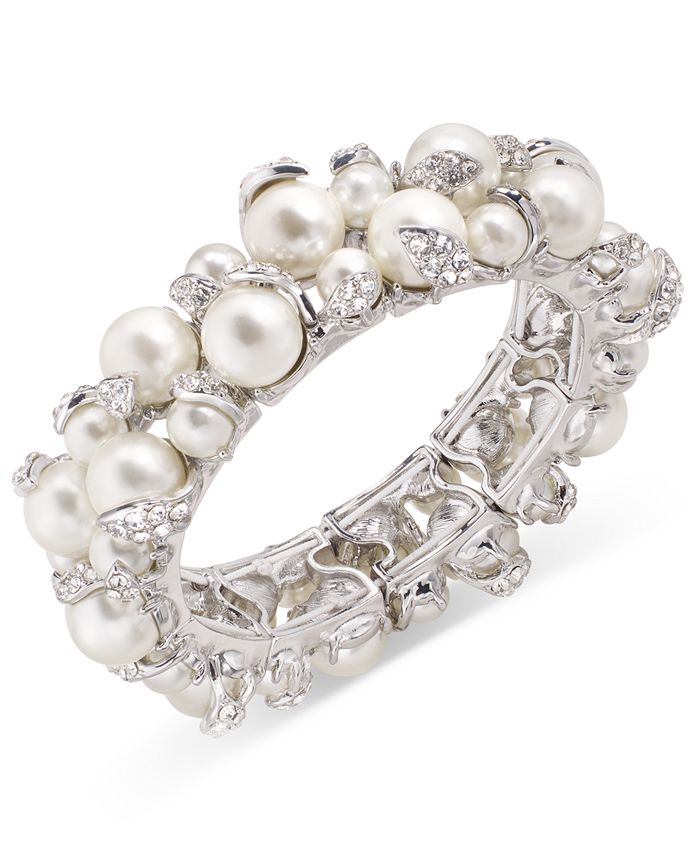 Charter Club Silver-Tone Pavé & Imitation Pearl Stretch Bracelet ...