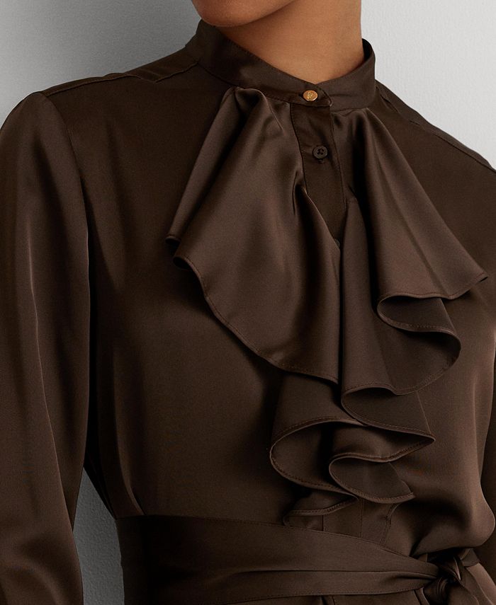 Lauren Ralph Lauren Women's Ruffle-Trim Satin Charmeuse Shirtdress - Macy's