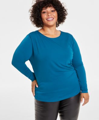 INC Plus Size Drape-Front Long-Sleeve Top, Created for Macy's - Macy's