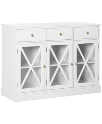 HOMCOM 45 Farmhouse Sideboard Buffet Cabinet Credenza Coffee Bar Cabinet with Glass Doors and 3 Drawers White Macy s