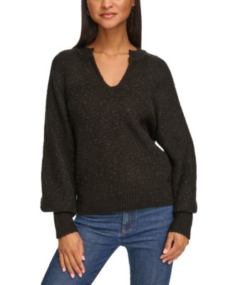 KARL LAGERFELD PARIS Women's Metallic Split-Neck Sweater - Macy's