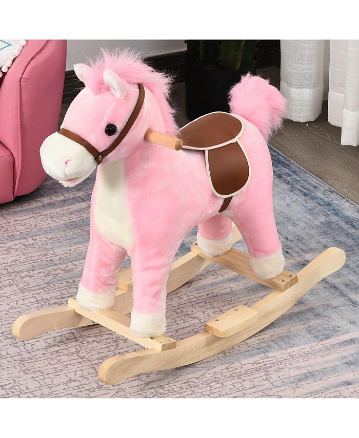 Qaba Rocking Horse Plush Animal on Wooden Rockers with Sounds, Wooden ...