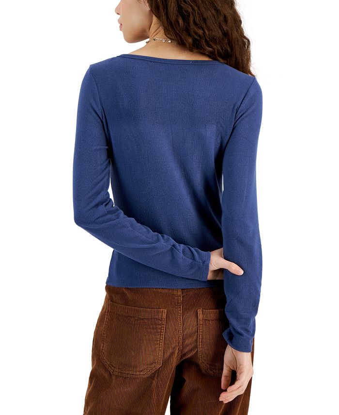 Pink Rose Juniors' Notched Snap Scoop-Neck Ribbed Top - Macy's