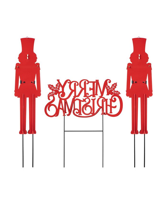 Glitzhome Set of 3 Metal Nutcracker and MERRY CHRISTMAS Yard Stake - Macy's