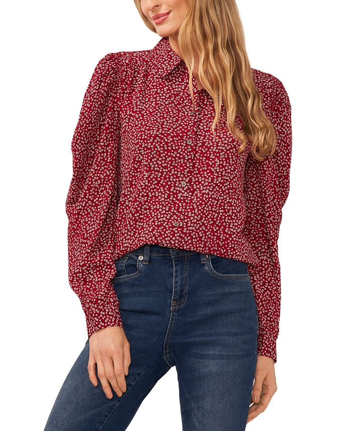 CeCe Women's Button-Front Puff-Shoulder Long-Sleeve Blouse - Macy's