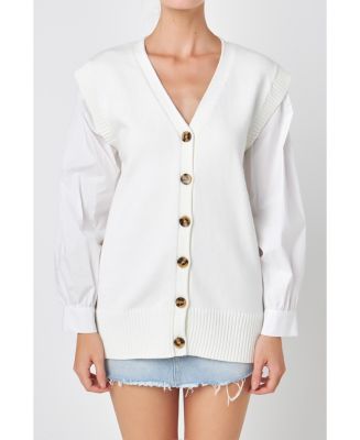 English Factory Women's Knit and Poplin Combo Cardigan - Macy's