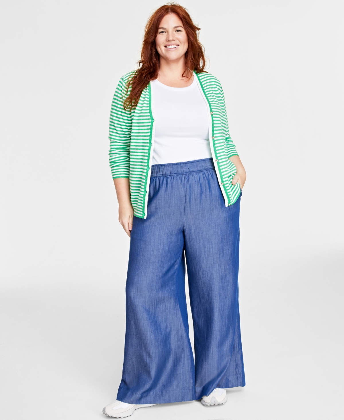 On 34th Plus Size Pull-On Chambray Wide-Leg Pants, Created for Macy's - Blue | Smart Closet