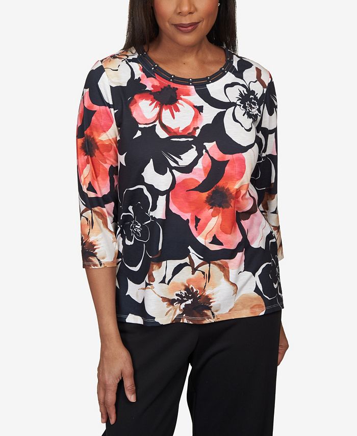 Alfred Dunner Women's Park Place Drama Shadow Floral Double Strap Top ...