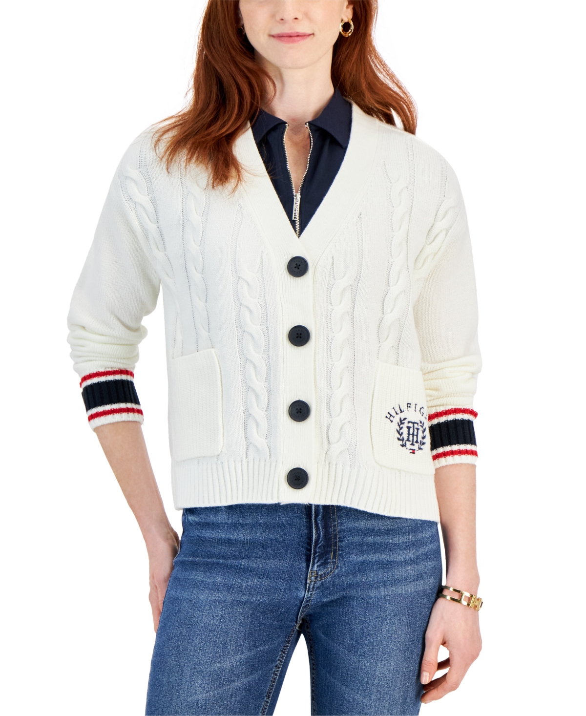 Click here for Tommy Hilfiger Womens Cable-Knit Varsity Cardigan... prices