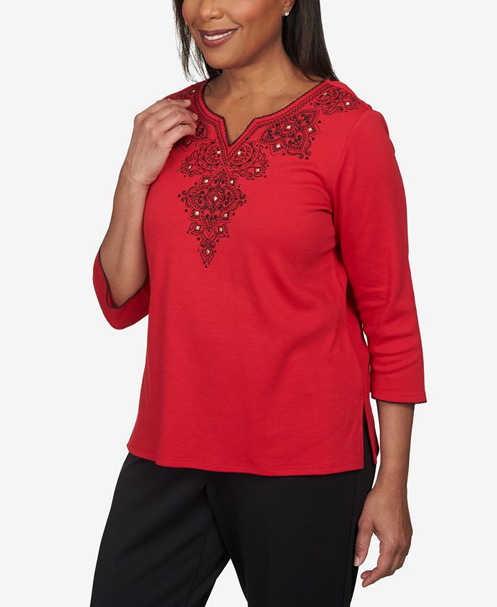 Alfred Dunner Petite Park Place Scroll Embroidery Yoke Split Neck Top - Macy's