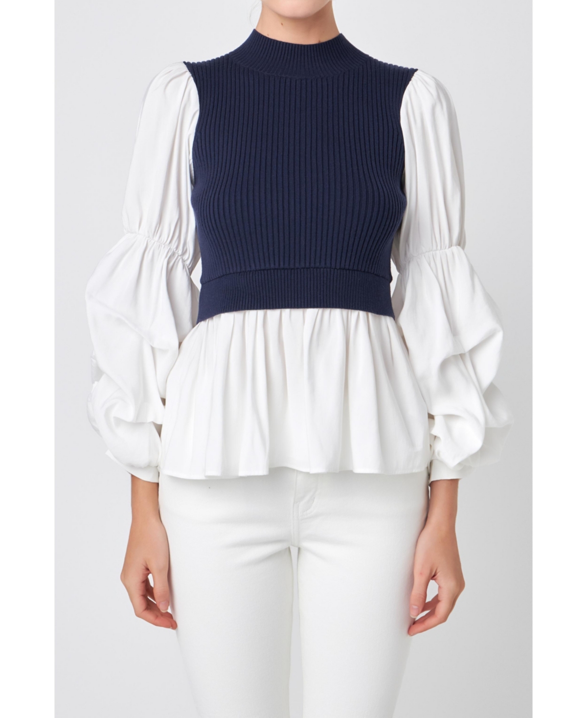 Click here for Womens Mixed Media Top - Navy/white prices