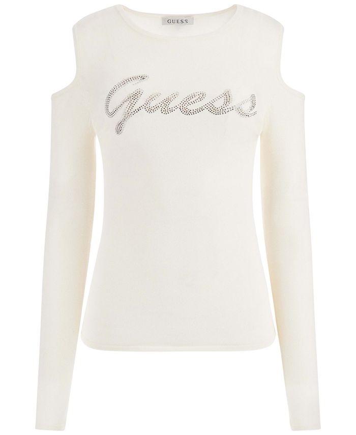 GUESS Women's Cold-Shoulder Long-Sleeve Logo Sweater - Macy's