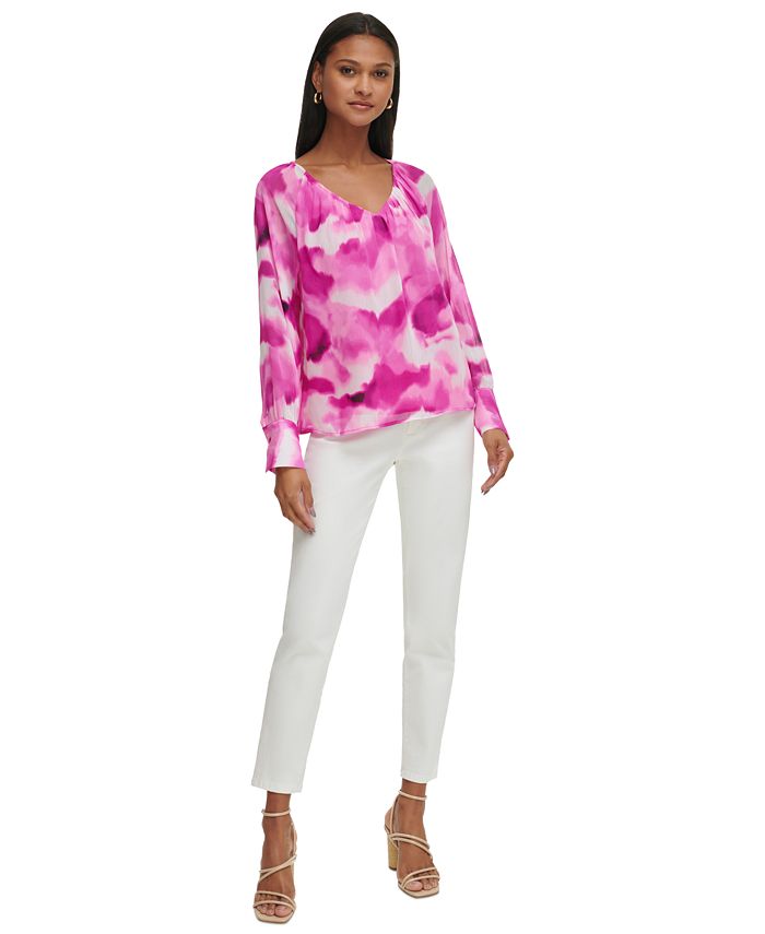 Calvin Klein Womens Long Sleeve Printed V Neck Blouse Macys
