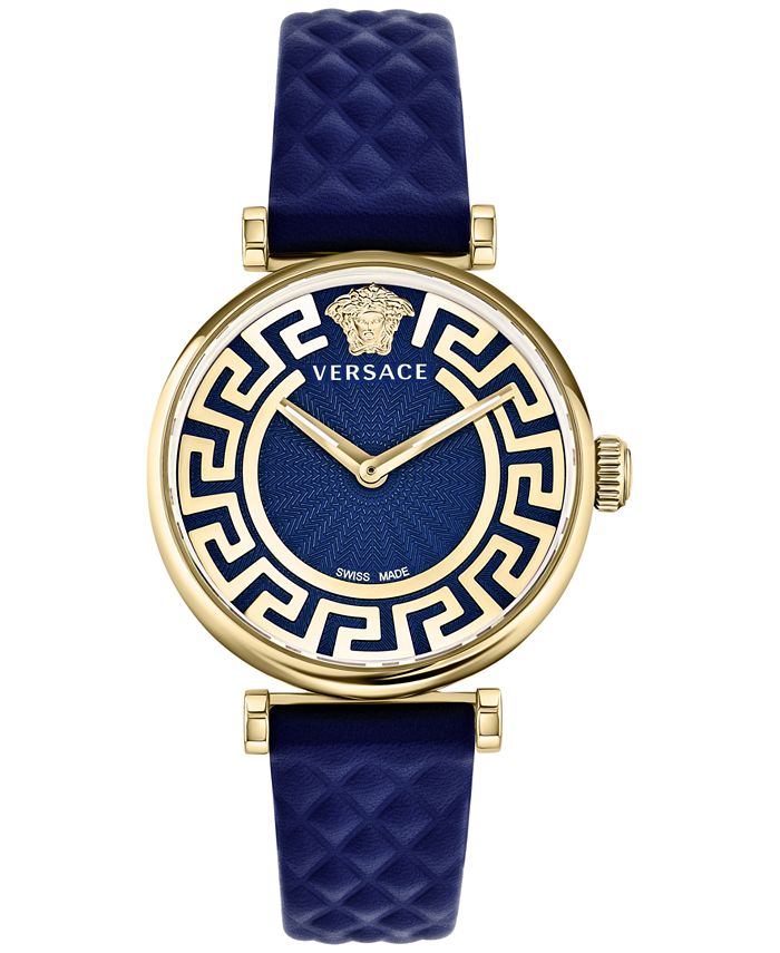 Versace Women's Swiss Greca Chic Blue Leather Strap Watch 35mm - Macy's