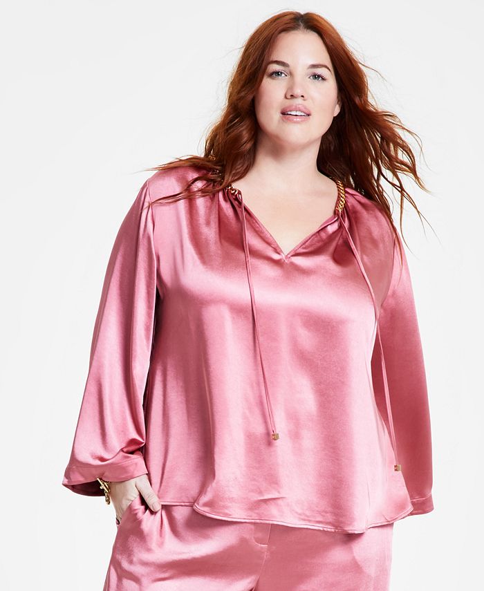 Michael Kors Plus Size Chain-Neck Bell-Sleeve Satin Top - Macy's